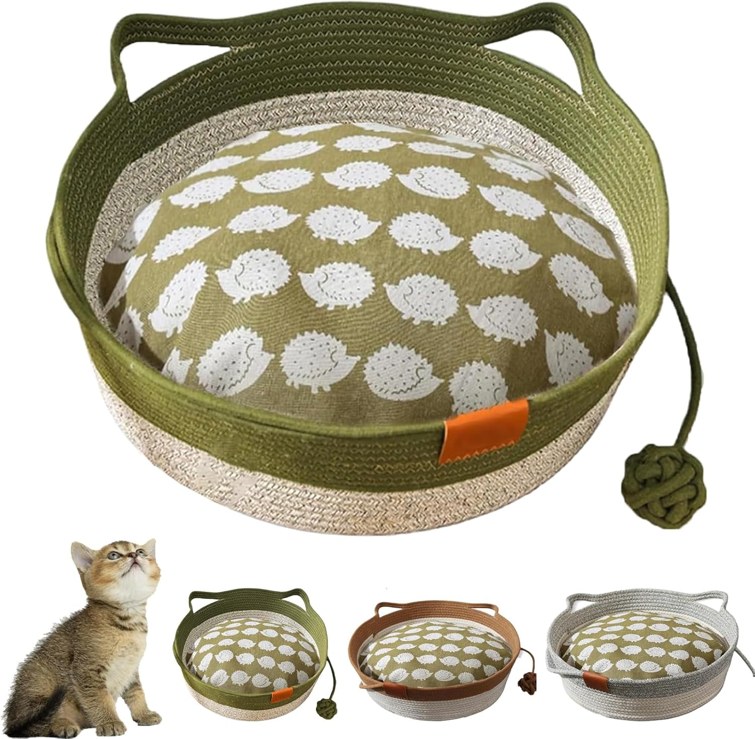 Virelapets Woven Rope Cat Basket, Hand Woven Cats Bed with Built-in ...