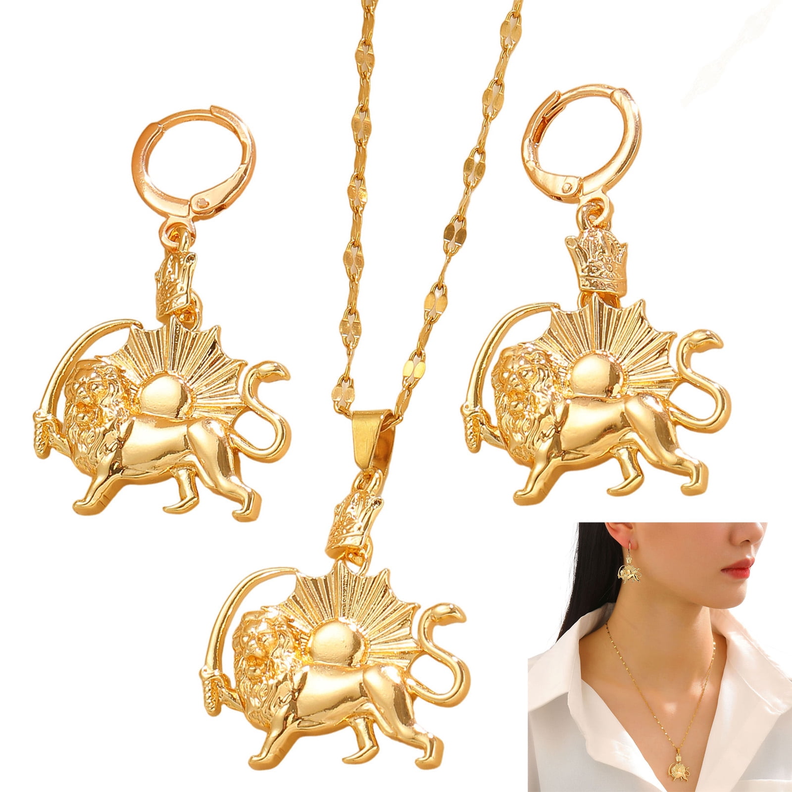 Virenlux Persian Lion and Sun Necklace & Earrings Jewelry Set for Women ...