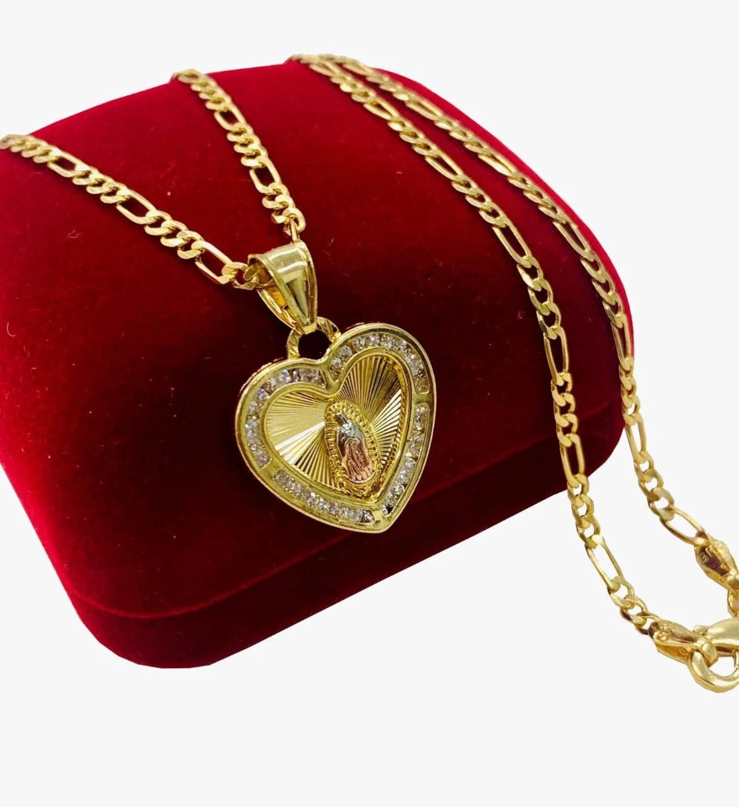 Virgen de Guadalupe Necklace Pendant CZ Heart Tri Color Link Figaro 18 ...