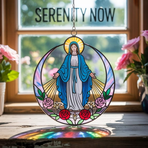 Virgin Mary Acrylic Suncatcher Blessed Mother on Crescent Moon, Faux ...