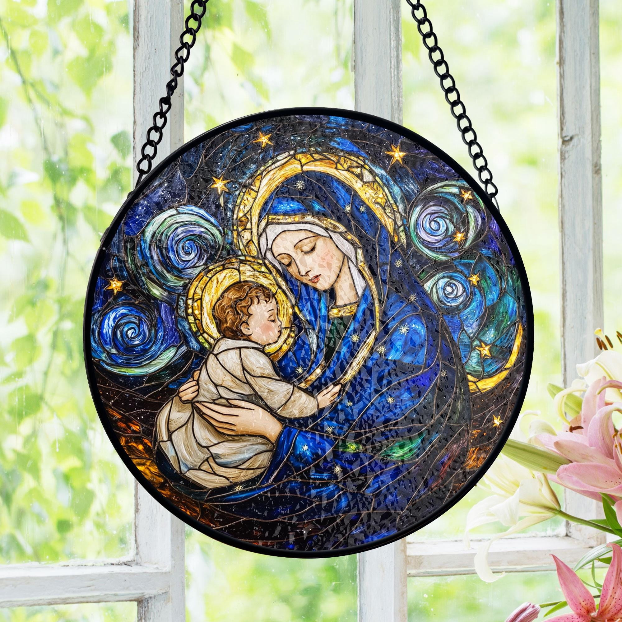 Virgin Mary And Child Stained Glass Suncatcher, Madonna With Baby Jesus ...
