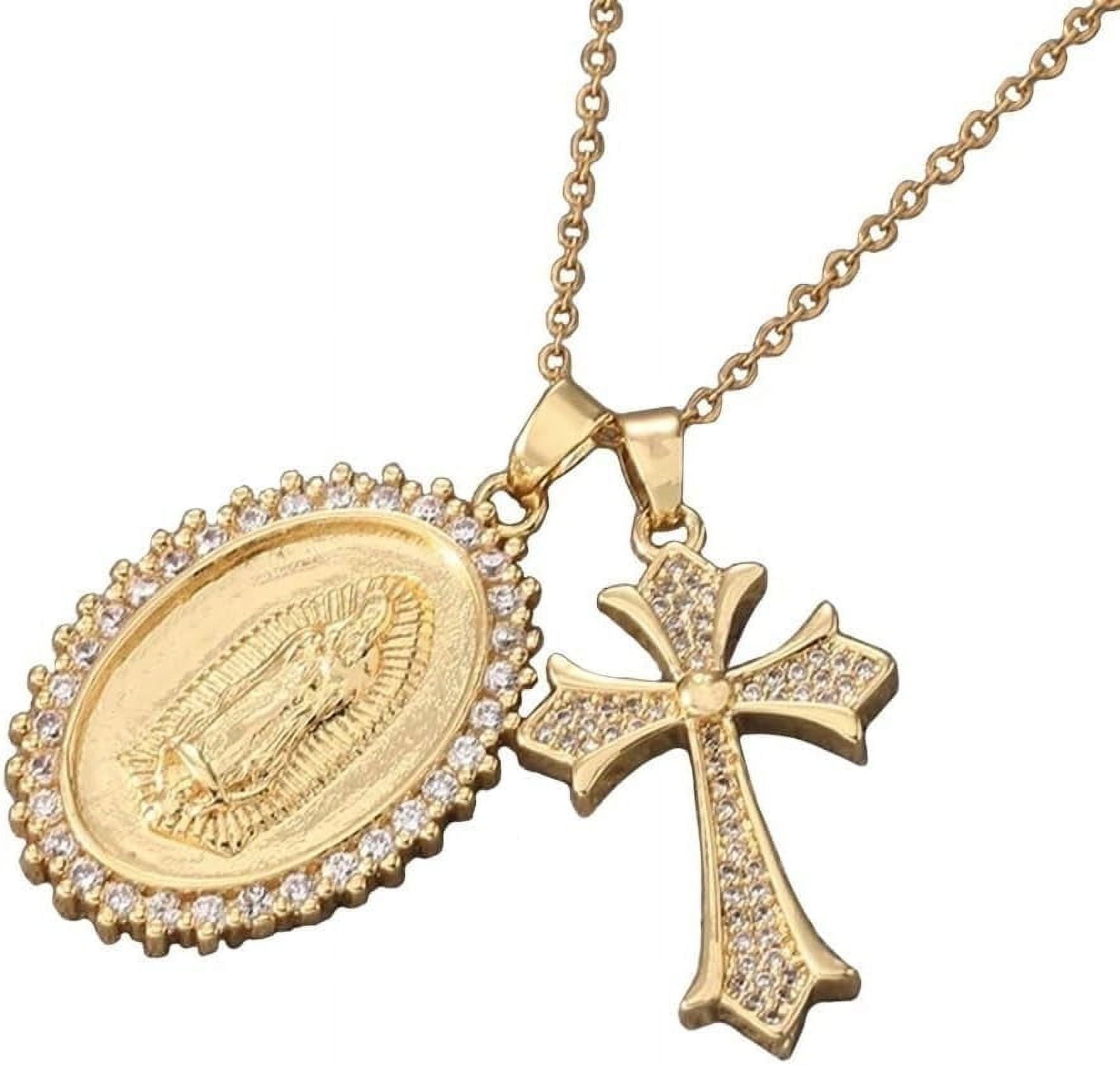 Virgin Mary And Cross Pendent Miraculous Medal Cubic Zirconia Gold ...