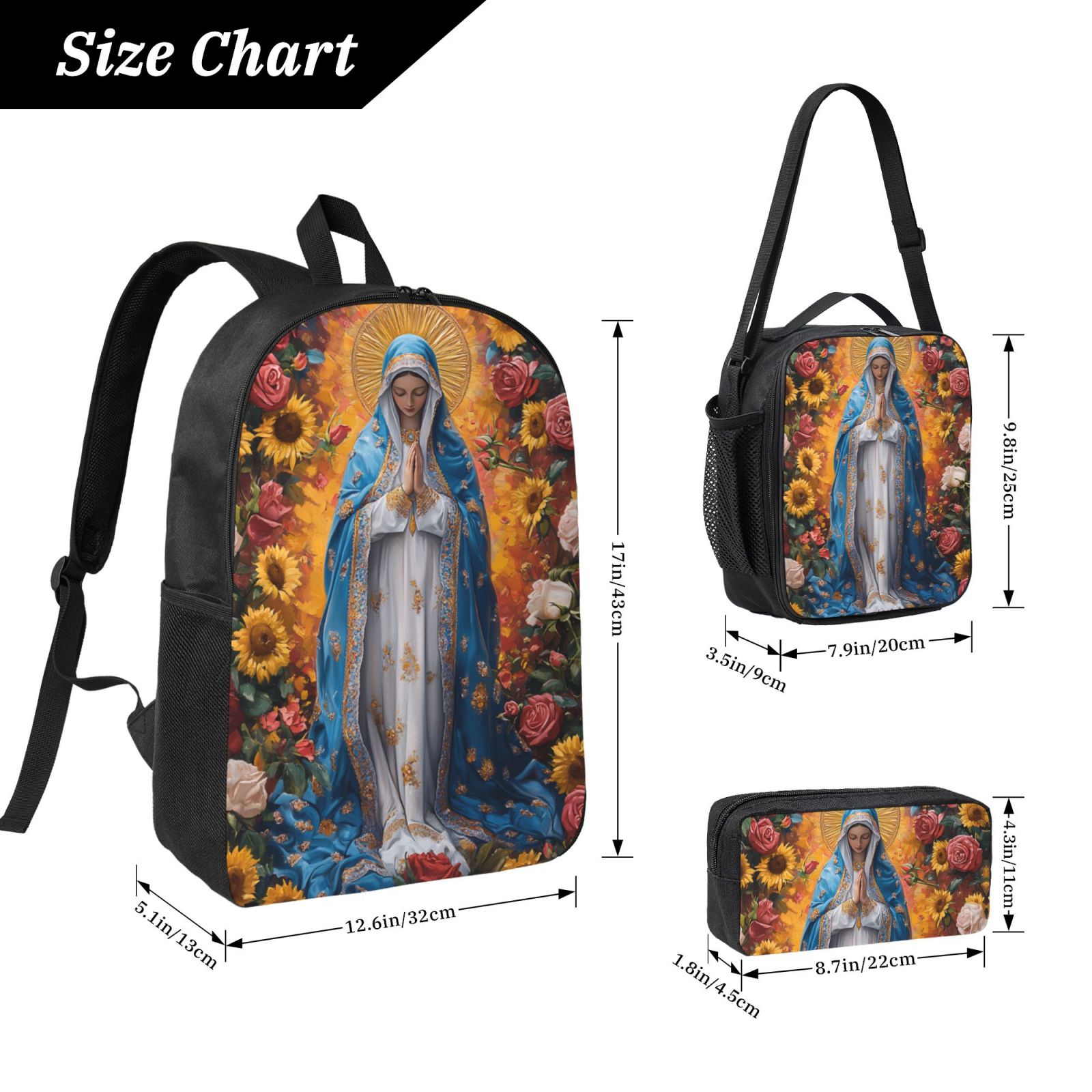 Virgin Mary Backpack 17 Inch Set with Lunch Bag and CaseDurableTravel ...