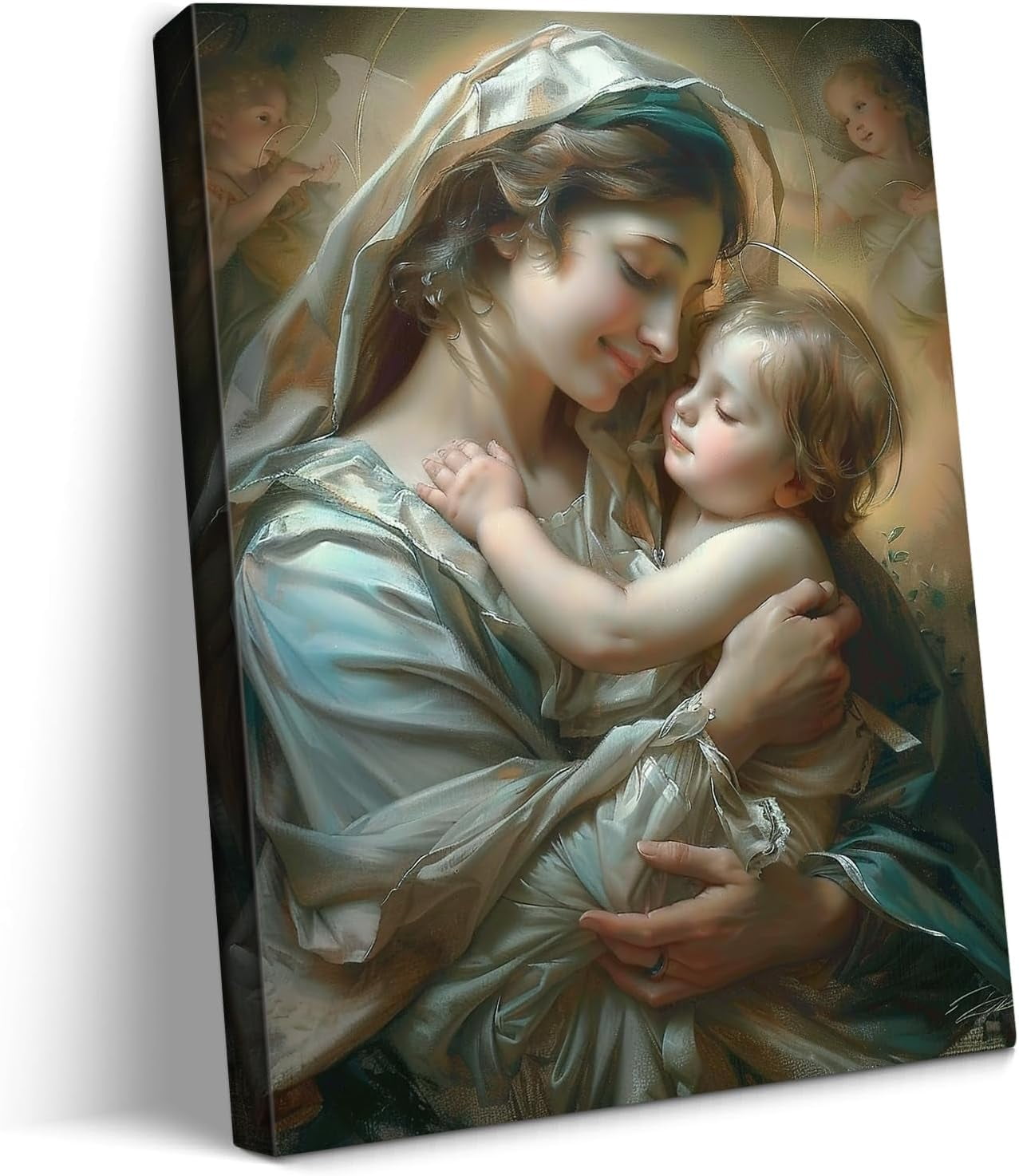 Virgin Mary Canvas Wall Art Baby Jesus Nestled in Embrace of Tender ...