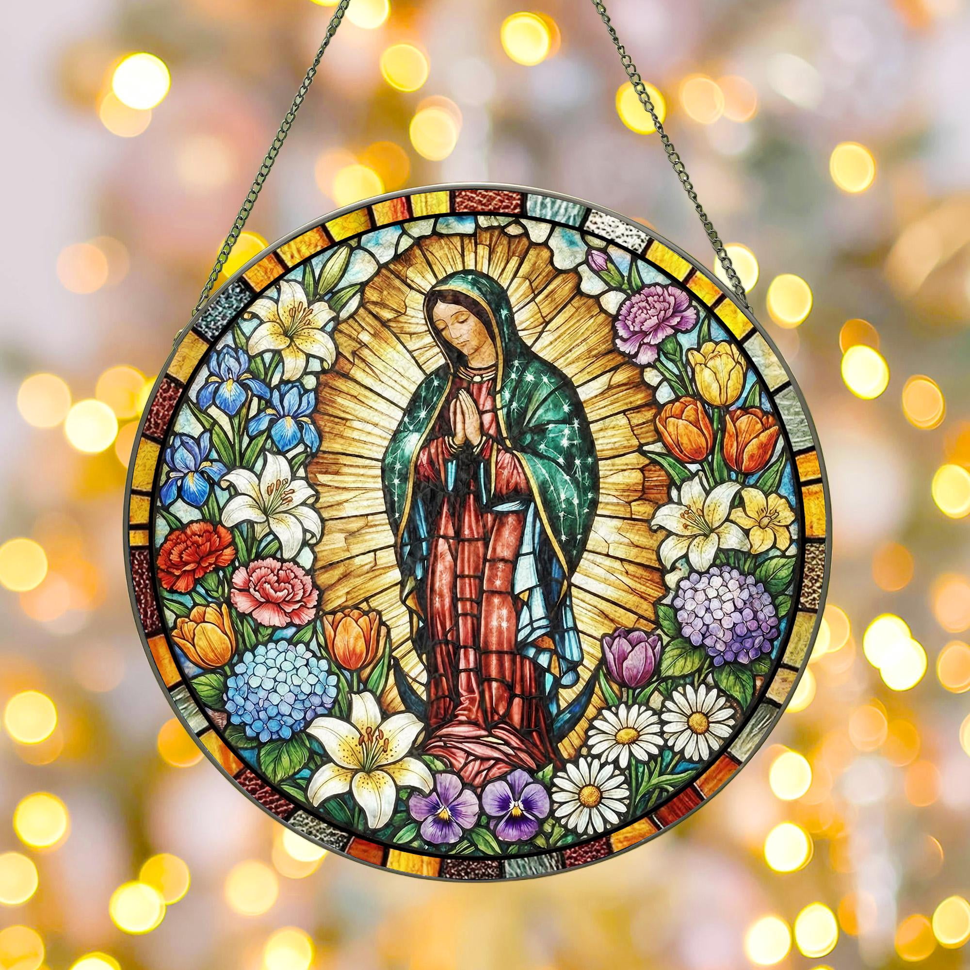 Virgin Mary Flower Stained Glass Suncatcher, Lady of Guadalupe Sun ...