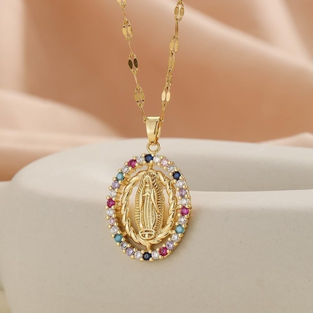 Virgin Mary Gold Plated Miraculous Medal Zirconia Necklaces Minimalist ...