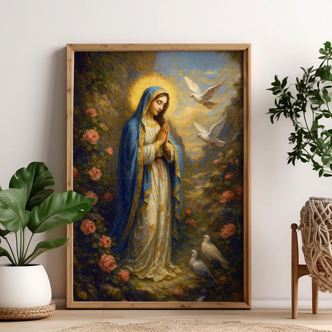 Virgin Mary Print, Blessed Mother With Doves In Rose Garden Catholic ...