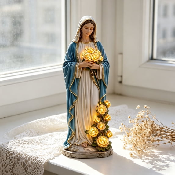 Mary Solar Statue Outdoor Garden Light with Glowing Roses Resin ...