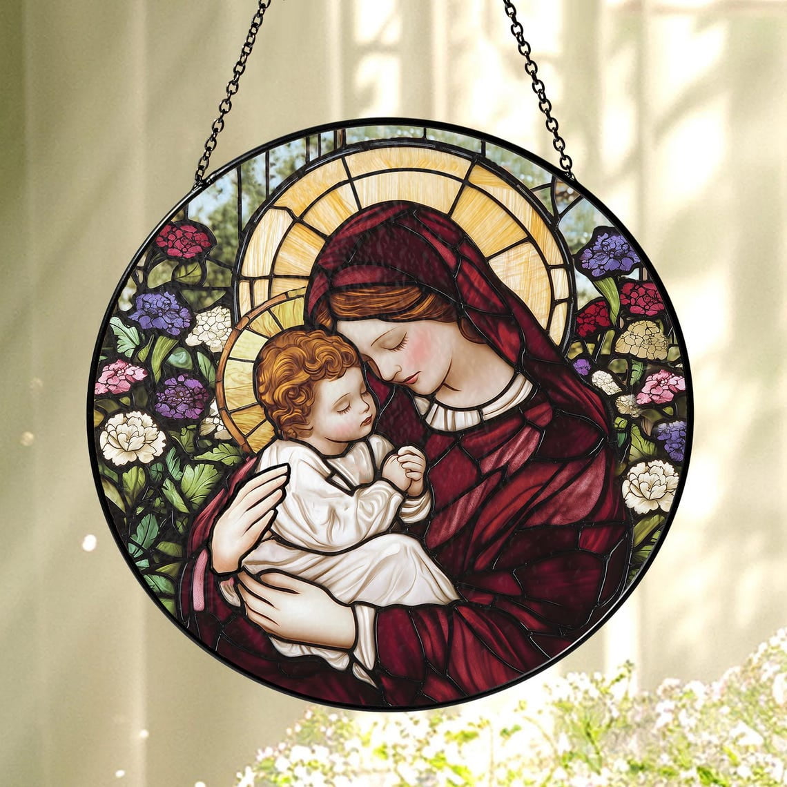 Virgin Mary Stained Glass Suncatcher, Christian Wall Art, Baby Jesus ...
