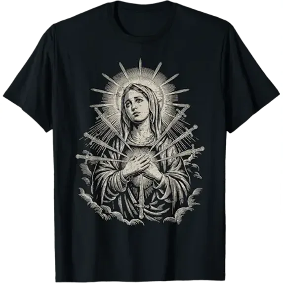 Virgin Mary Vintage Christian Our Lady of Sorrows Swords T-Shirt ...