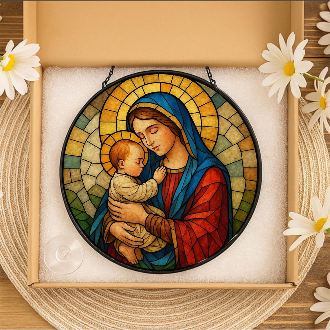Virgin Mary and Baby Jesus Glass Suncatcher, Religious Glass Window ...