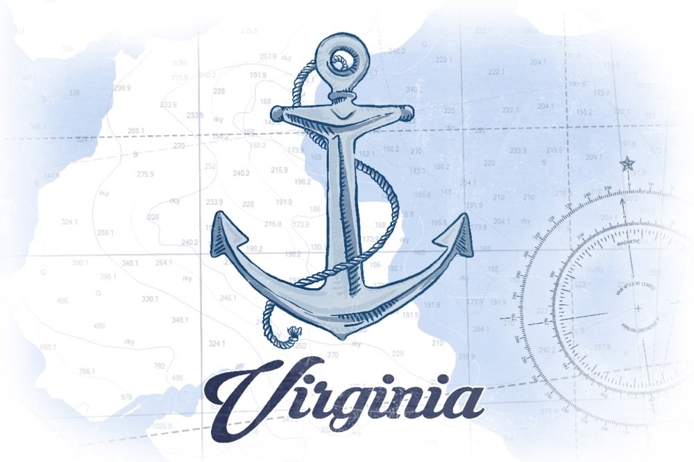 Virginia, Anchor, Blue, Coastal Icon (12x18 Wall Art Poster, Room Decor ...