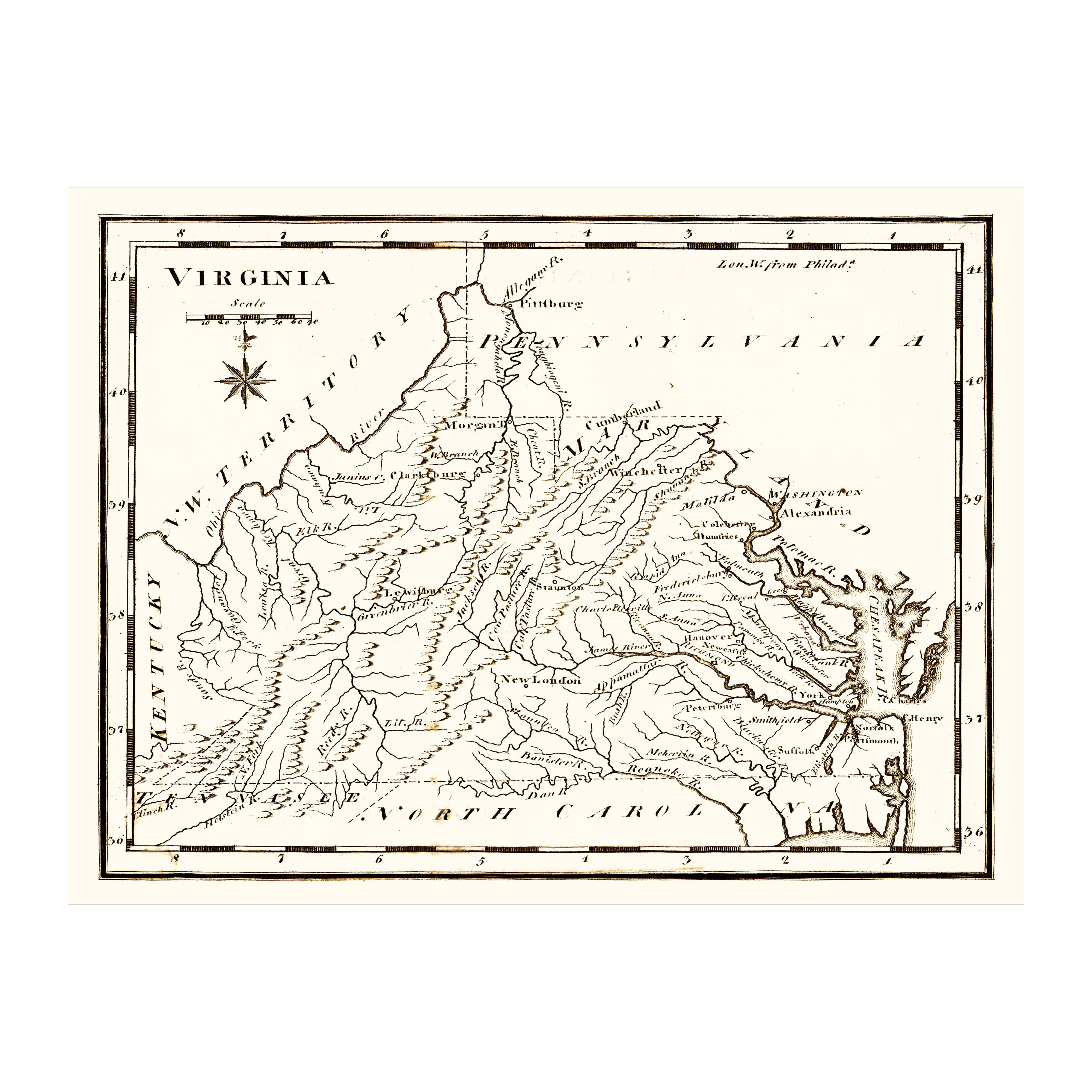 Virginia Art, 1795 Vintage Map of Virginia History Wall Decor Gift, Old ...