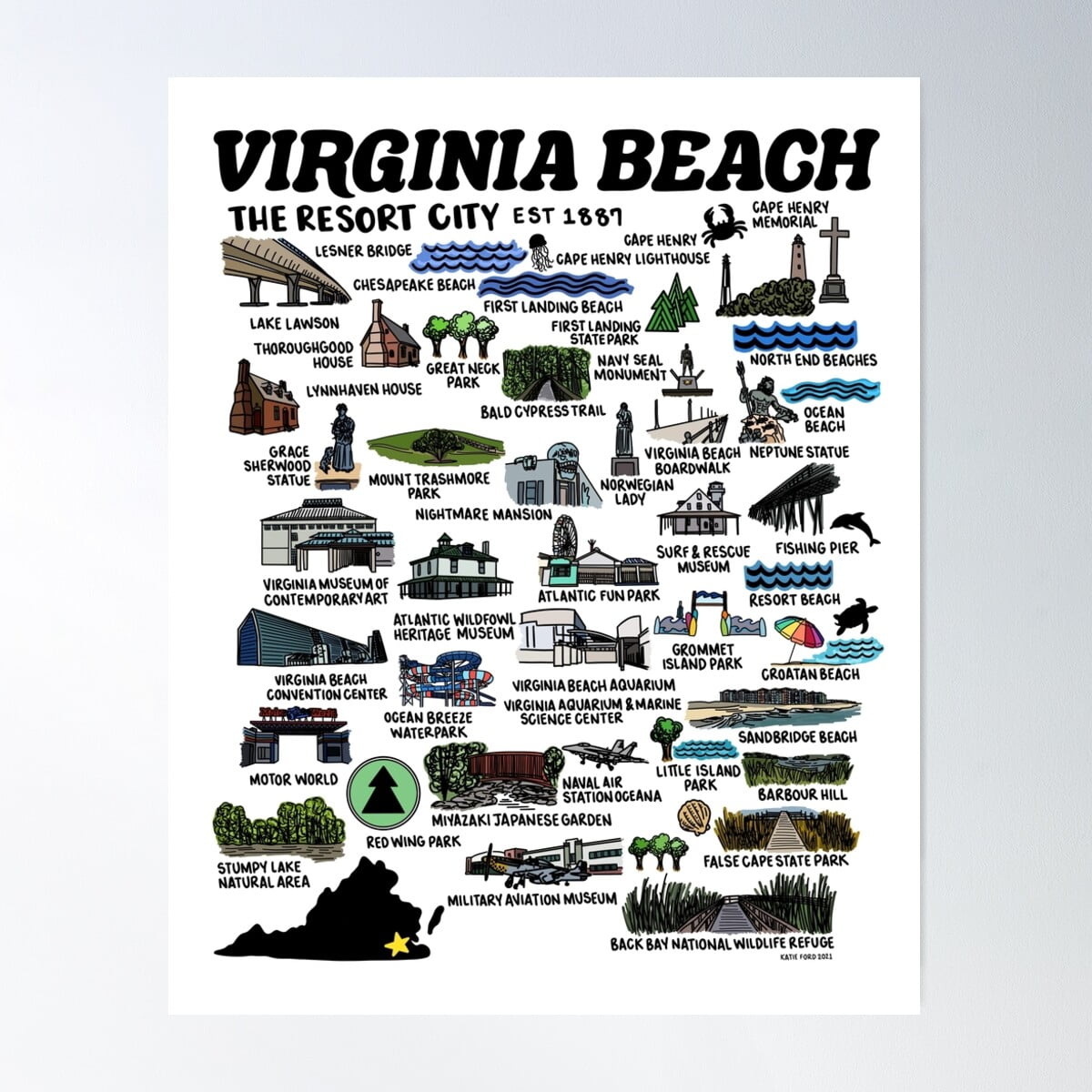Virginia Beach Map Poster Wall Art, Modern Wall Decor For Living Room ...