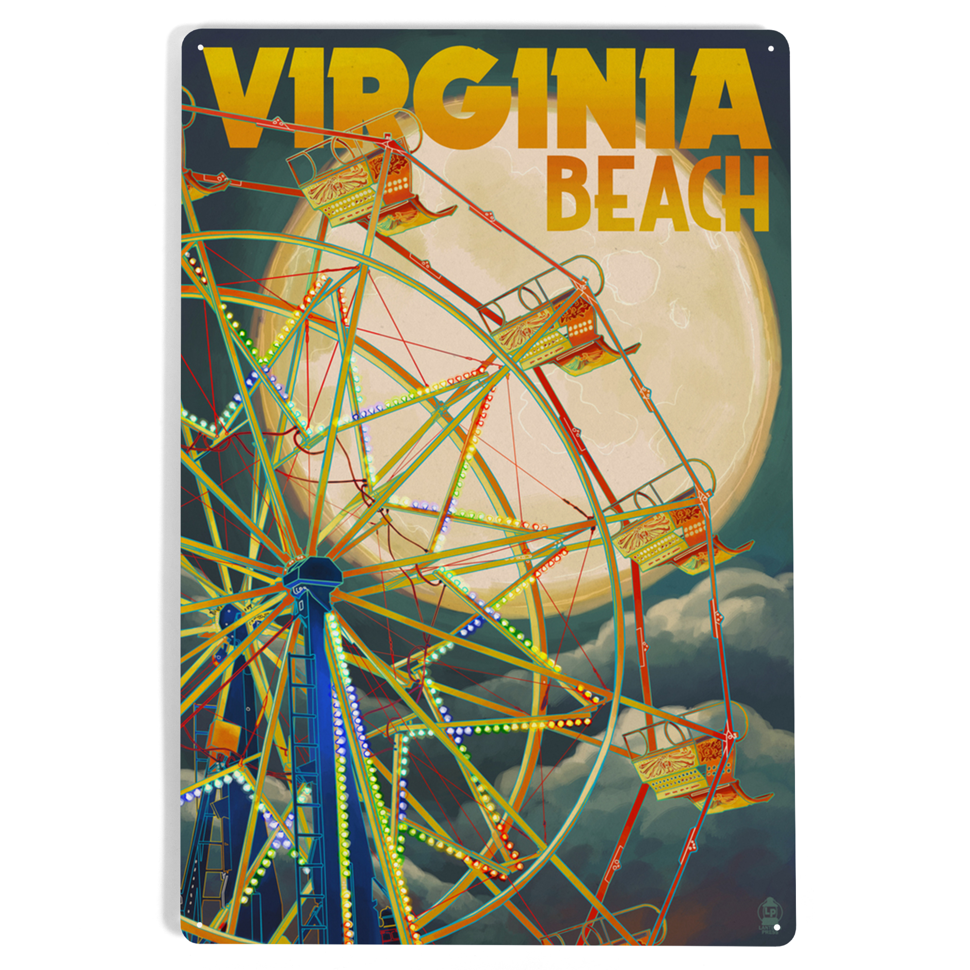 Virginia Beach, Virginia, Ferris Wheel and Full Moon (12x18 Aluminum ...