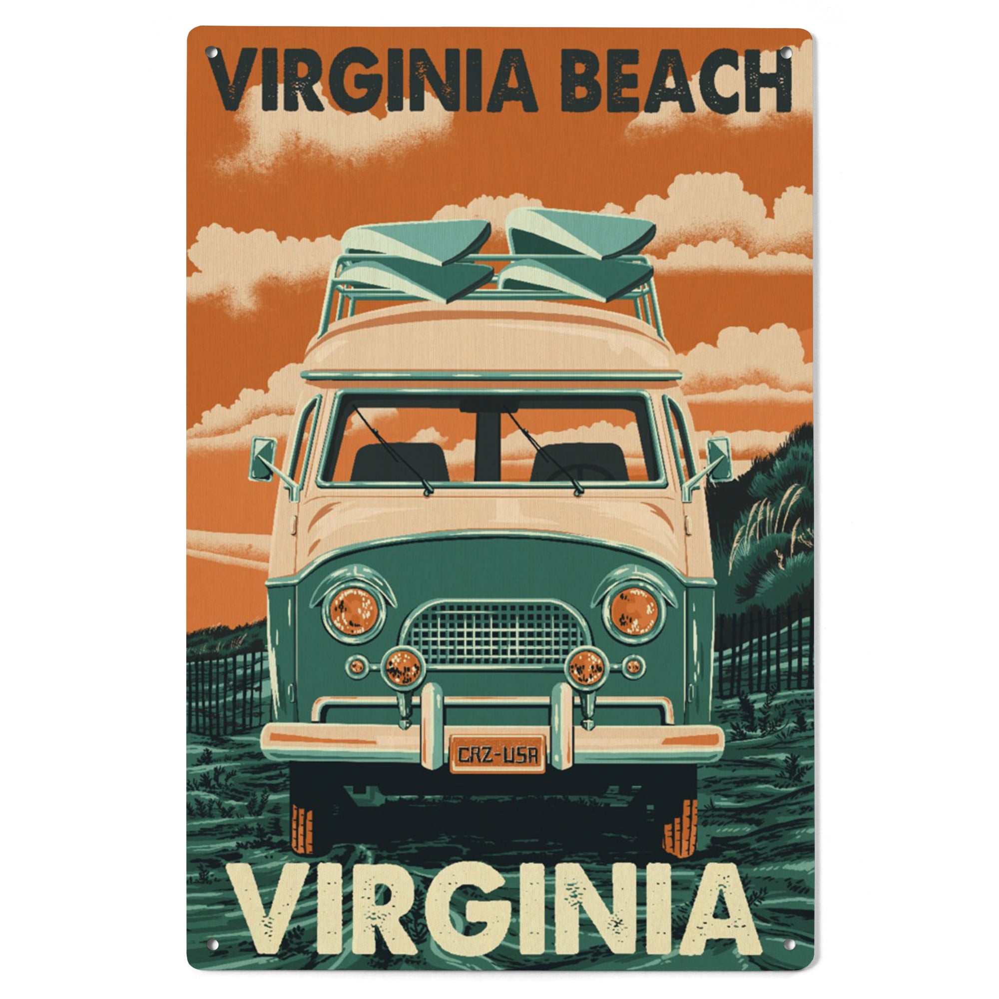 Virginia Beach, Virginia, Letterpress, Camper Van,, Surfboard Birch ...