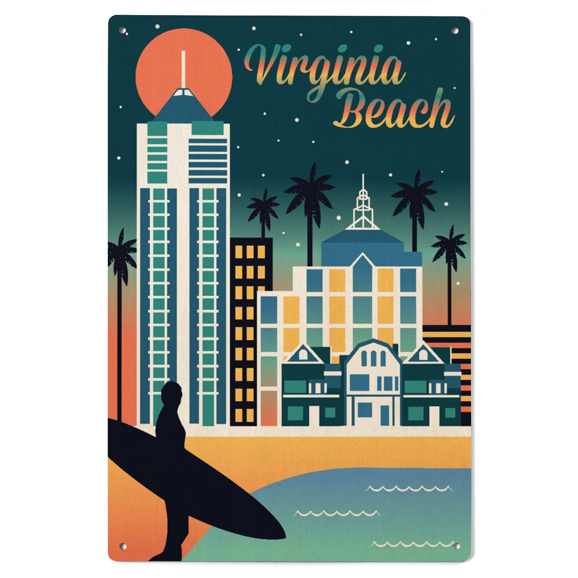 Virginia Beach, Virginia, Retro Skyline Chromatic Series Birch Wood ...