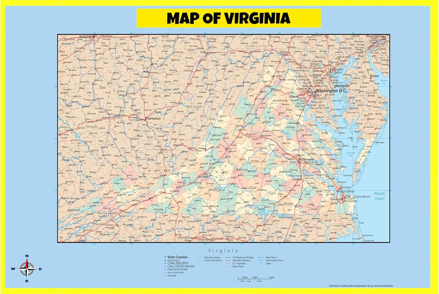 Virginia Map Poster - Laminated Wall Map - Style C - 20x30 - Ideal for ...