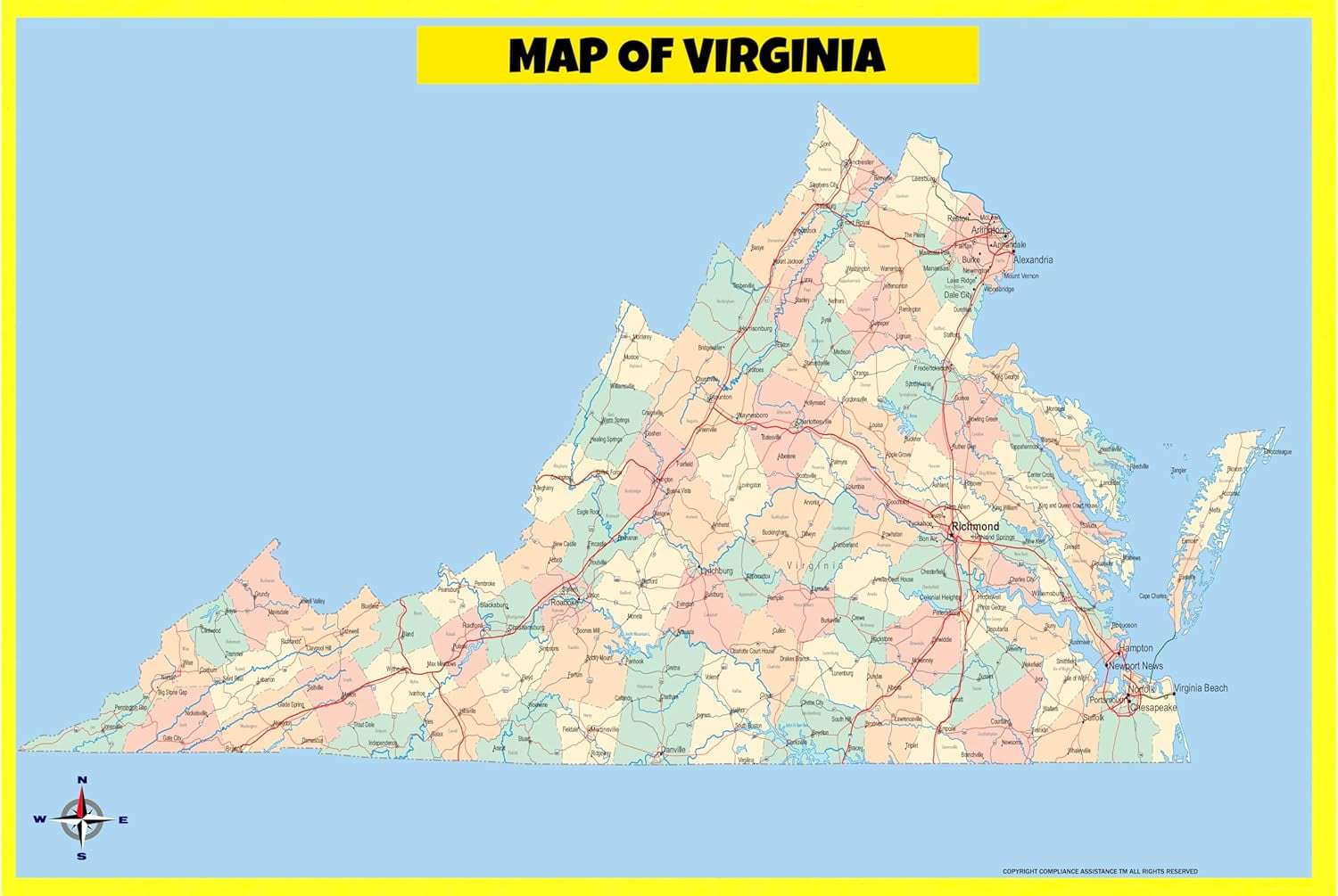 Virginia Map Poster - Laminated Wall Map - Style D - 18x24 - Ideal for ...