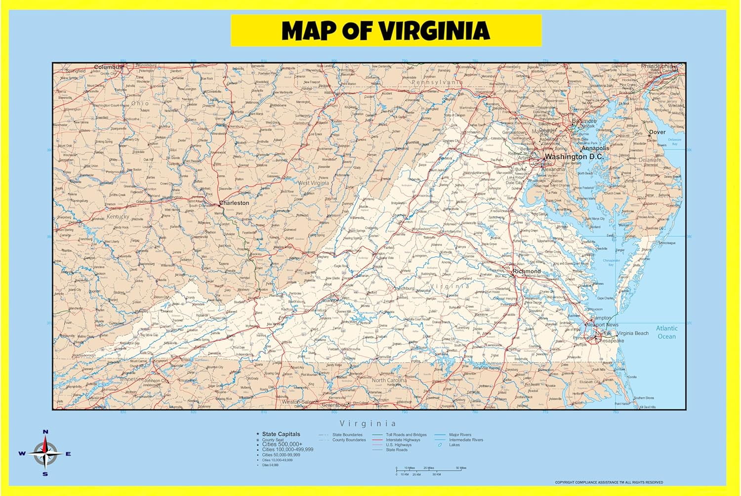 Virginia Map Poster - Laminated Wall Map - Style E - 18x24 - Ideal for ...