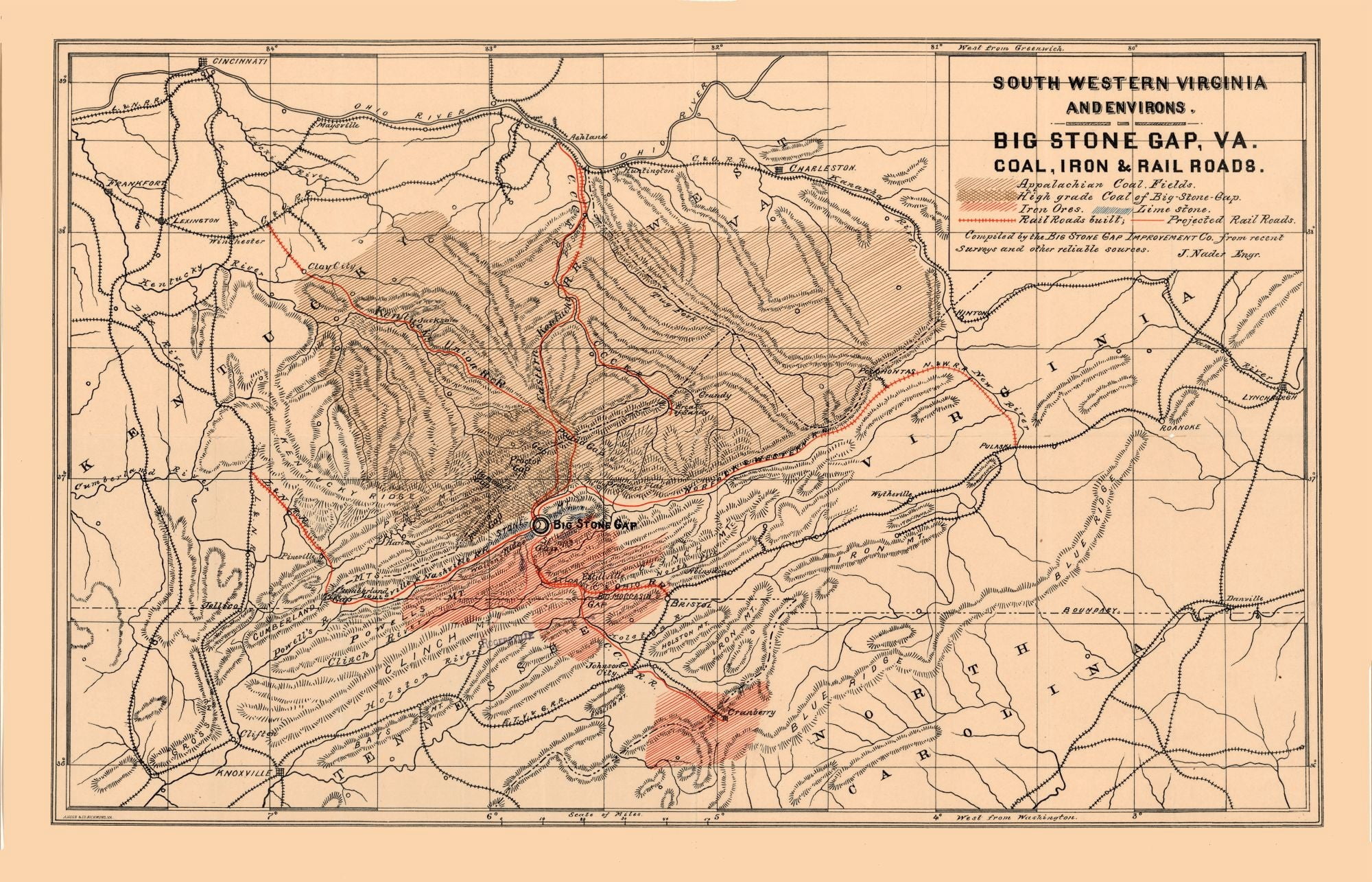 Historic State Map - Virginia South West - Nader 1892 - 35.80 x 23 ...