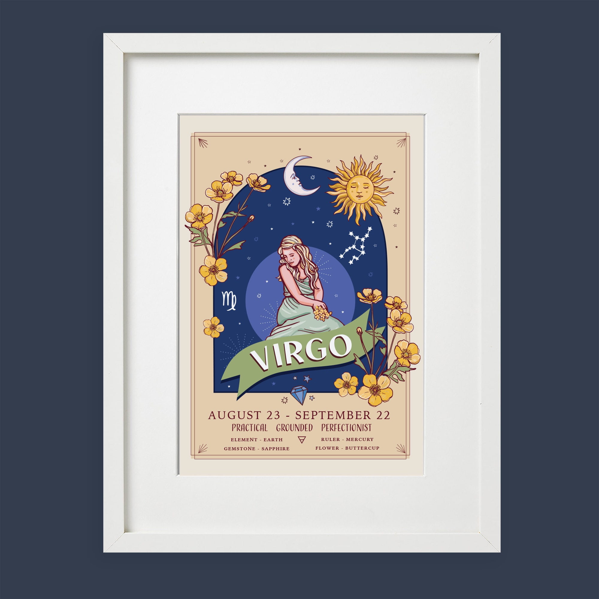Virgo Wall Art Print, Zodiac Sign and Flowers Illustration Print ...
