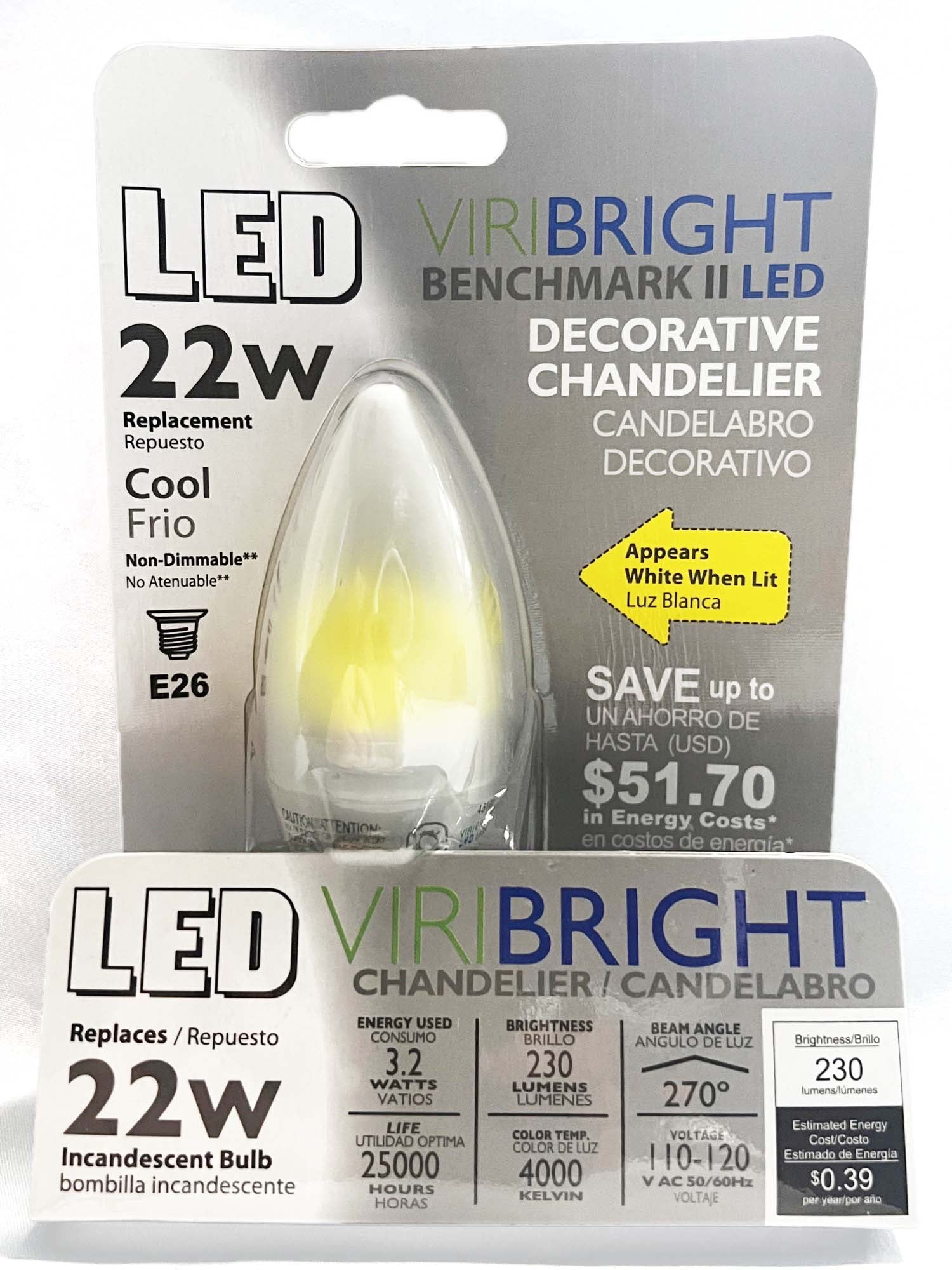 Viribright 3.2W 22W Equivalent E26 LED Chand. Bulb (4000K) (Cool White ...