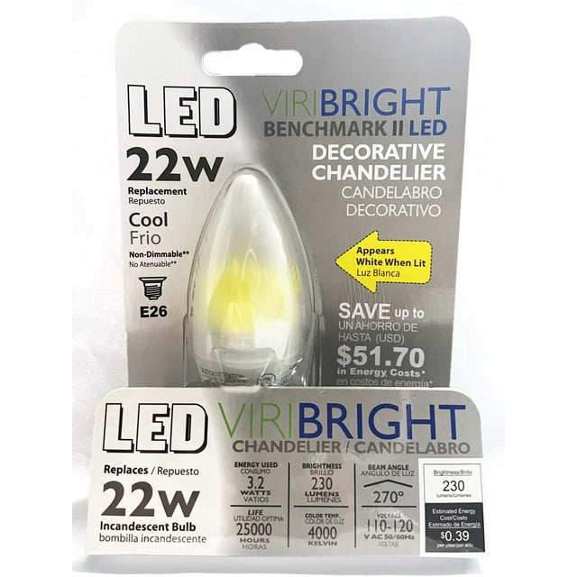 Viribright 3.2W 22W Equivalent E26 LED Chand. Bulb (4000K) (Cool White ...