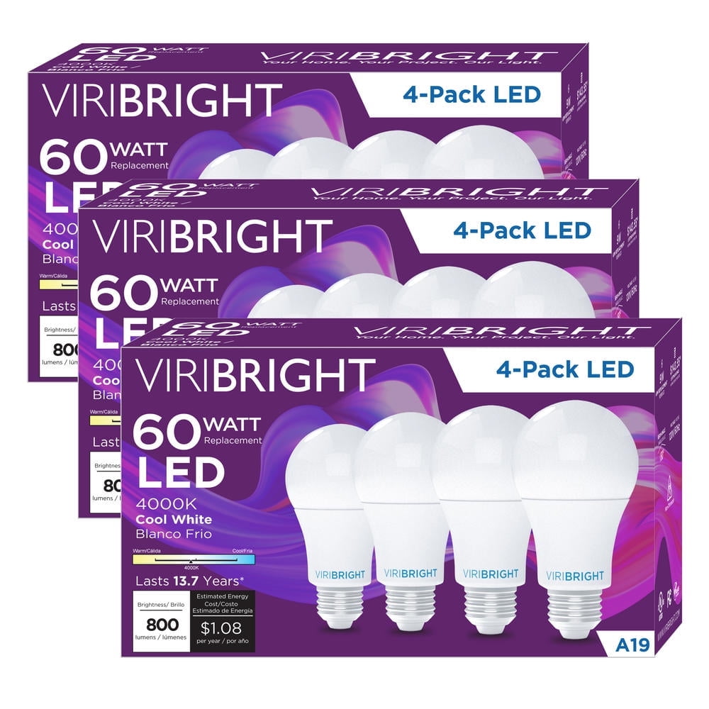 Viribright LED 60-Watt EQ A19 E26 General Purpose Standard Light Bulb 12-Pack - 4000K Cool White ...