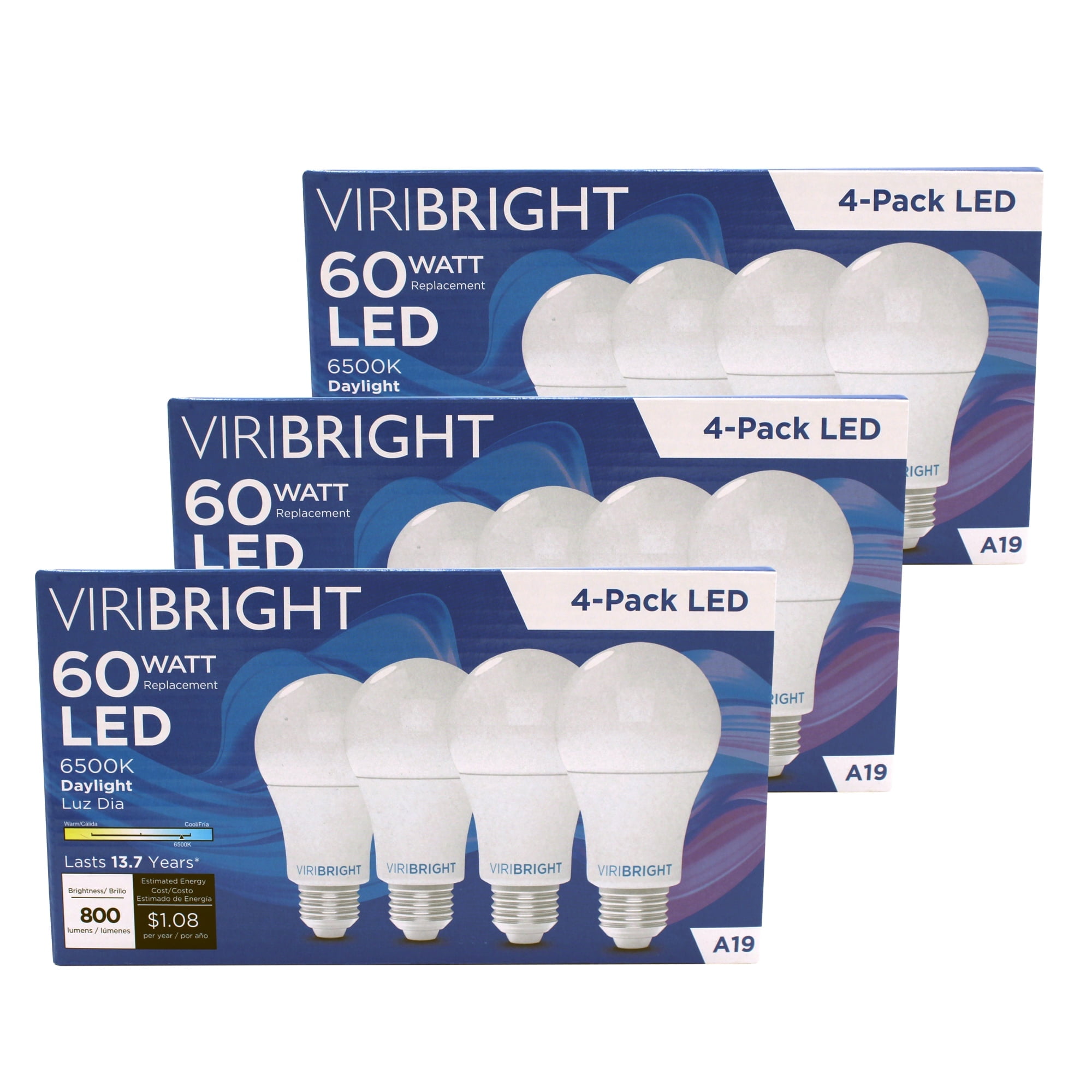 Viribright 60-Watt Equivalent LED Light Bulbs, E26 Base, 6500K Daylight, Energy-Efficient, Long ...