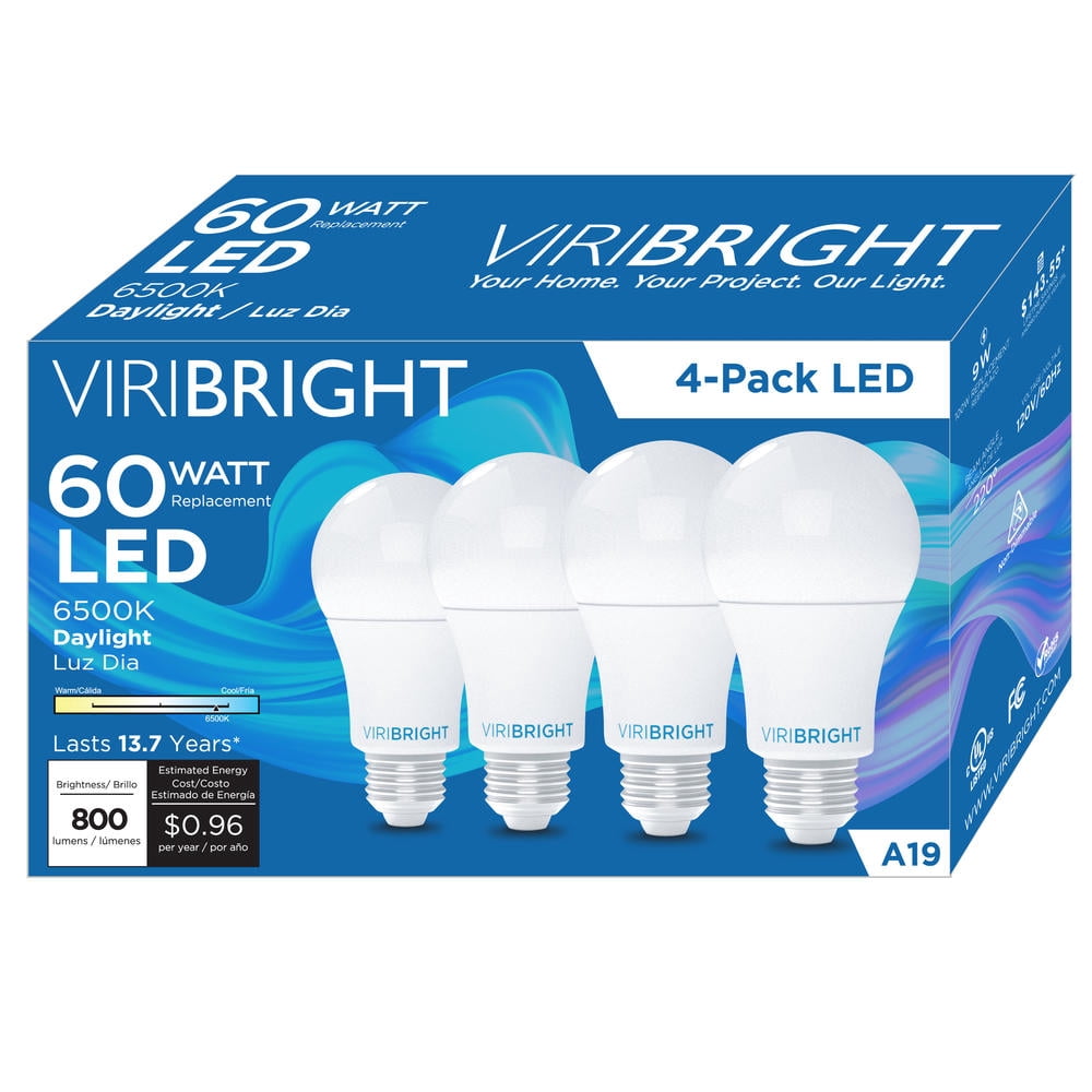 Viribright 60-Watt Equivalent A19 E26 LED Light Bulb, 6500K Daylight (4 ...