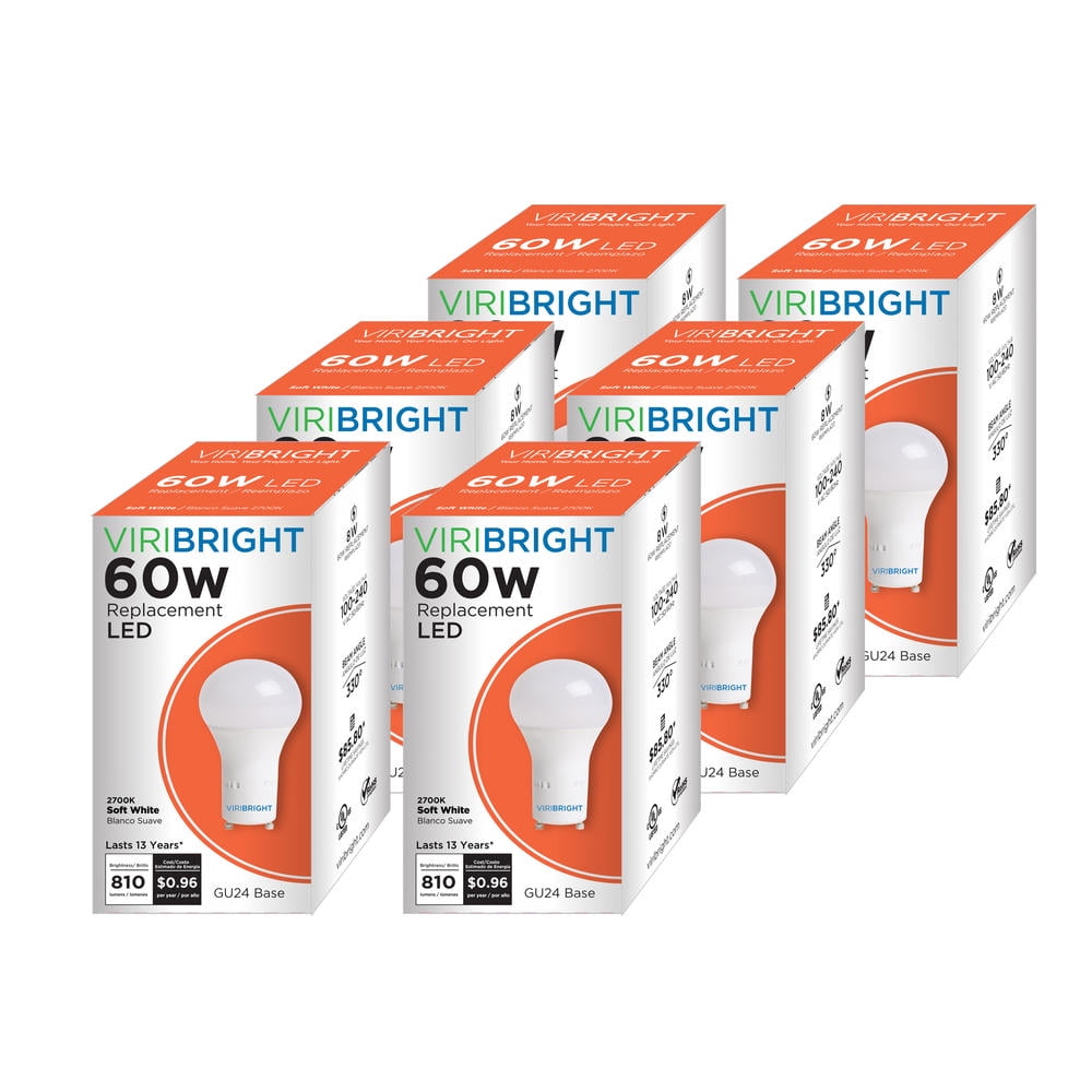 Viribright 60-Watt Equivalent A19 GU24 Dimmable LED Light Bulb, 2700K Warm White (6-Pack ...