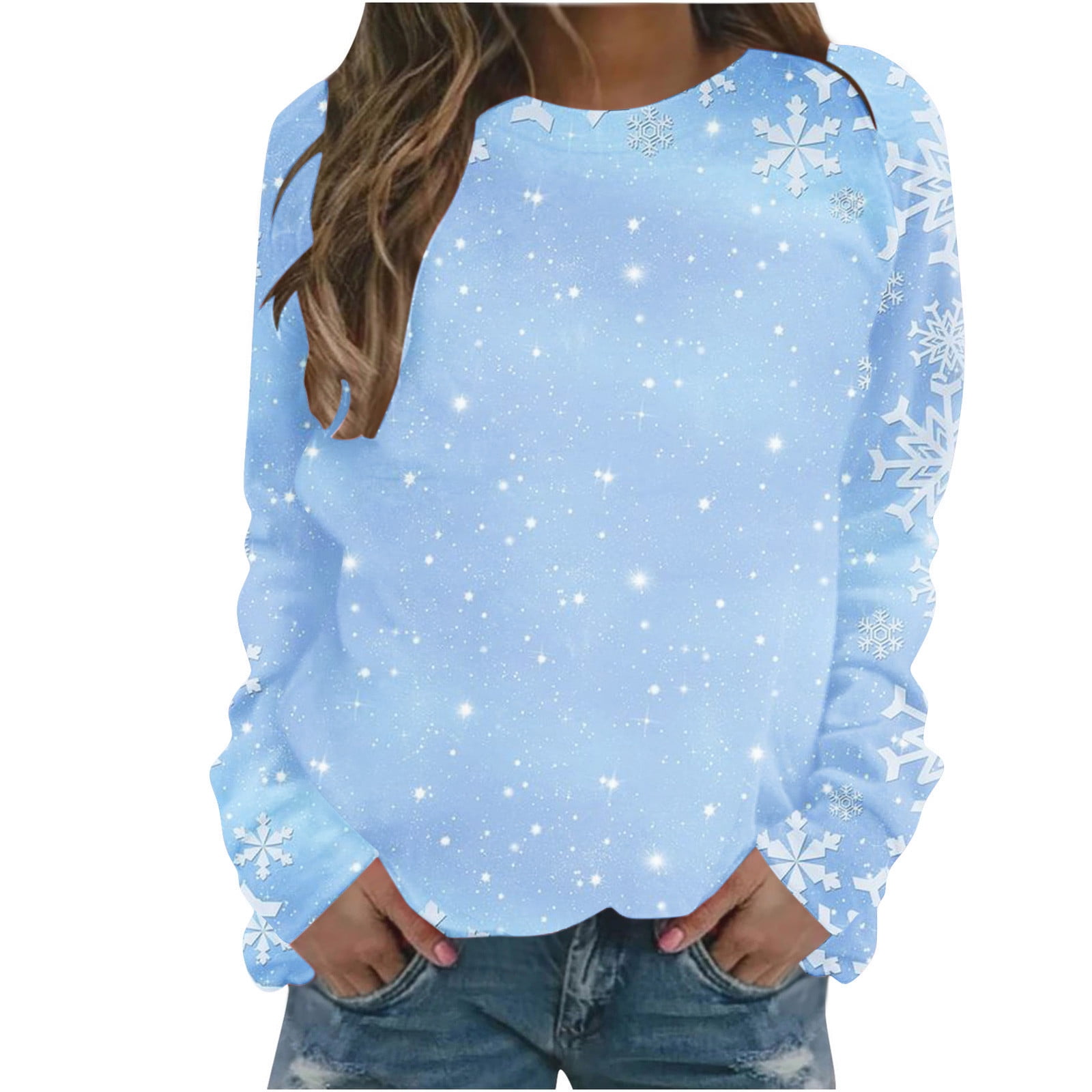 Virmaxy Christmas Shirt for Women Snowflake Print Simple Style ...
