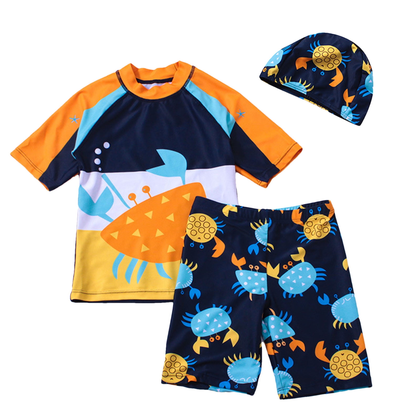Virmaxy Crab Print Swimsuit Boy 3 Piece Boys Swim Set Short Sleeve Rash ...