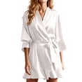 Virmaxy Elegant Satin Robe Women Short V Neck 3/4 Sleeve Silky Bathrobe ...