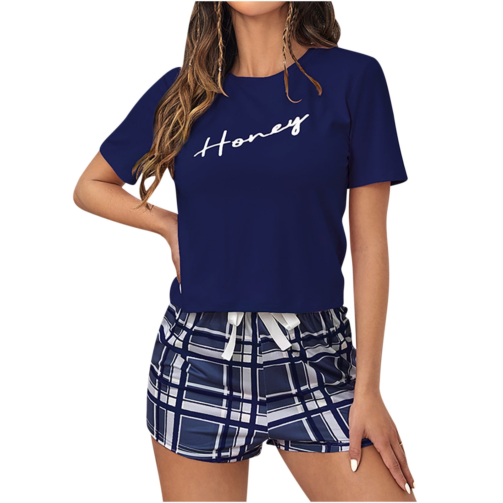 Virmaxy HONEY Women's Loose Pajamas Two Piece Set Letter Short Sleeve ...