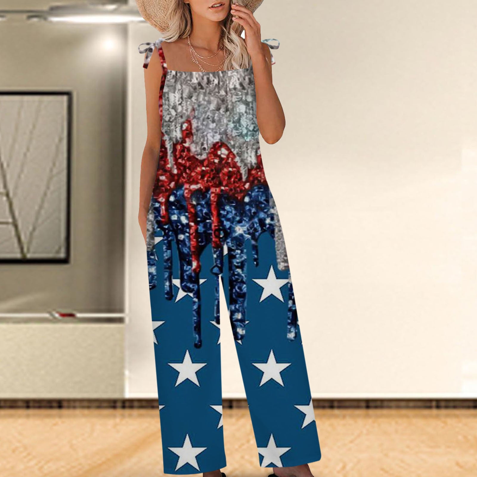Virmaxy Jumpsuits for Women Independence Day Star Spangled Print ...