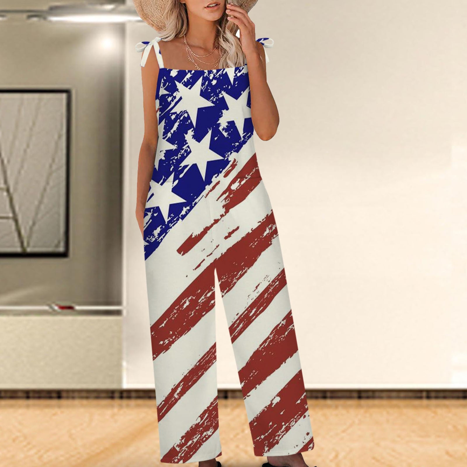 Virmaxy Jumpsuits for Women Independence Day Star Spangled Print ...