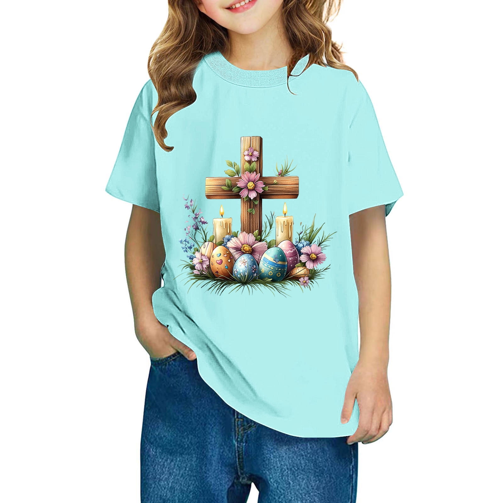 Virmaxy Kids' Easter Cross & Bunny Print Cotton Tee Soft Round Neck Top ...