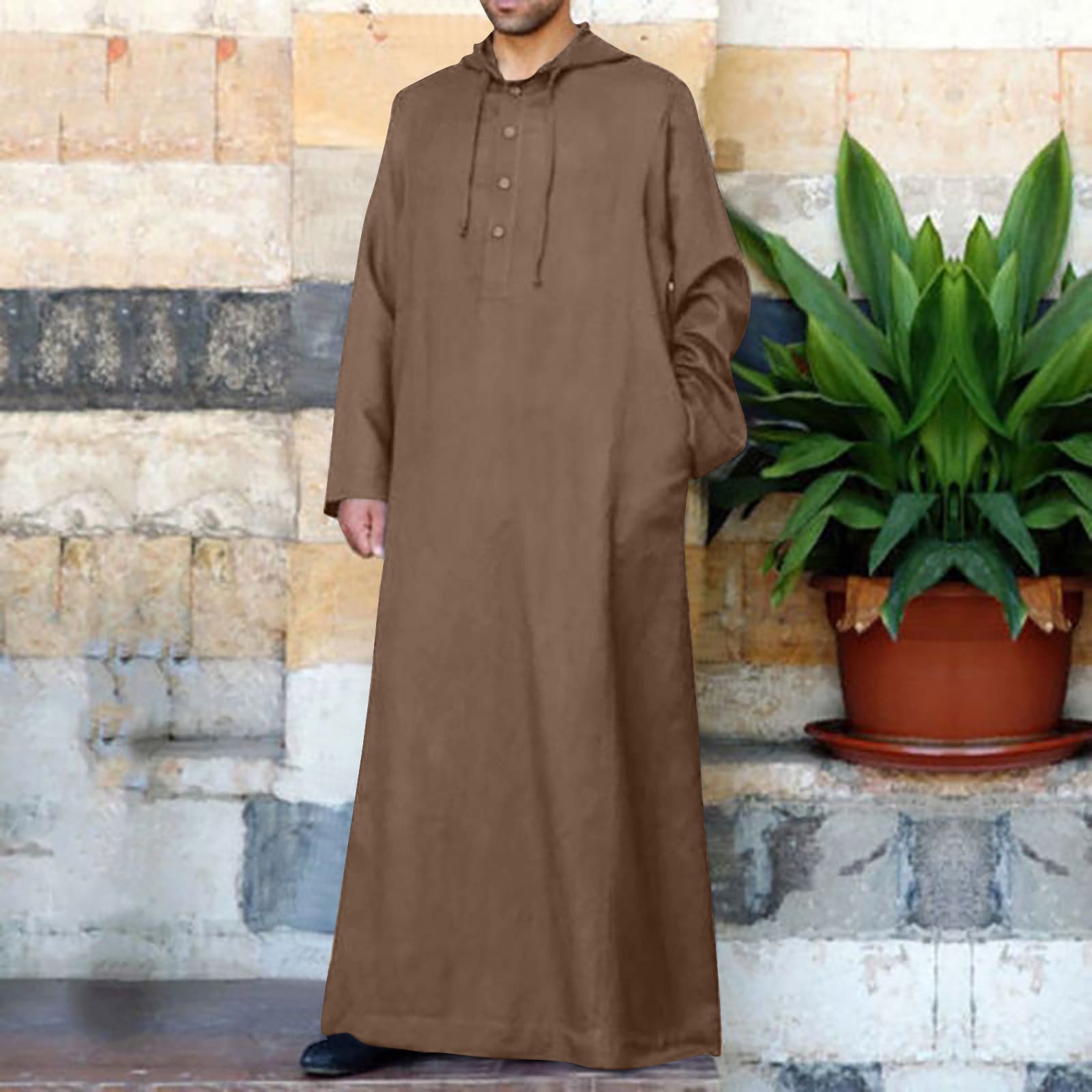 Virmaxy Men's Casual Vintage Muslim Cotton Linen Robe Long Sleeve ...