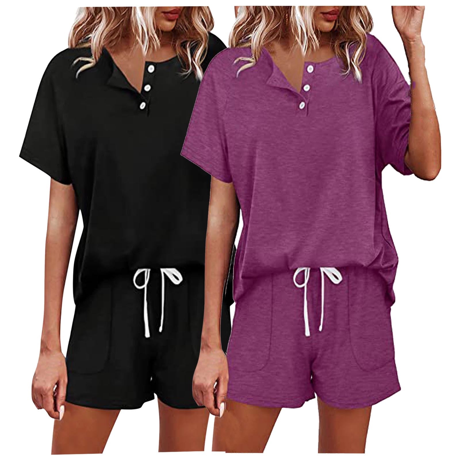 Virmaxy Summer Sleepwear Set for Women 2PC Short Sleeve Button Front ...