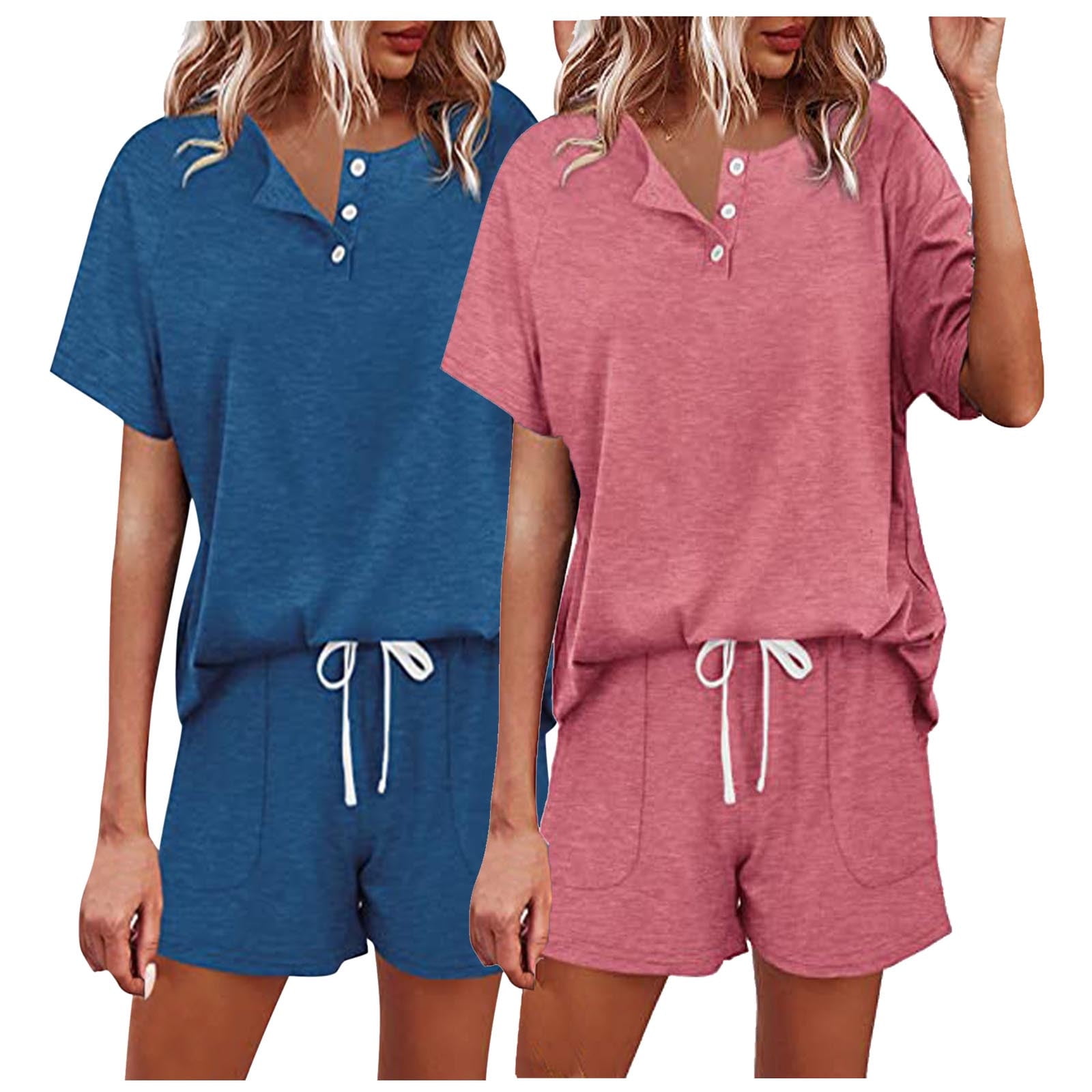 Virmaxy Summer Sleepwear Set for Women 2PC Short Sleeve Button Front ...