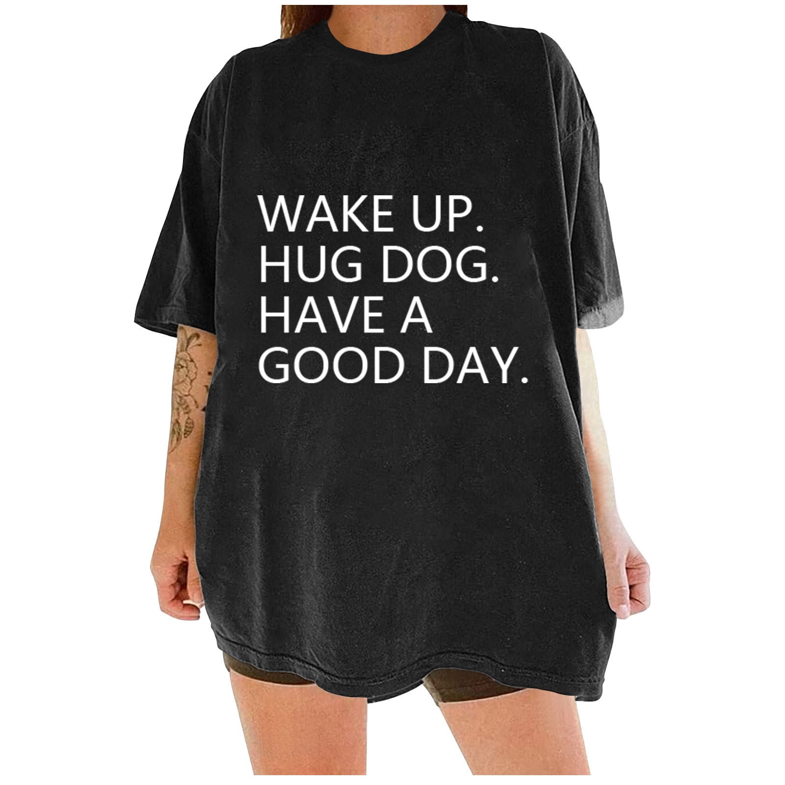 Virmaxy Wake Up Hug Dog Have A Good Day Women's Loungewear 2 PC Set Round Short Sleeve Letter ...