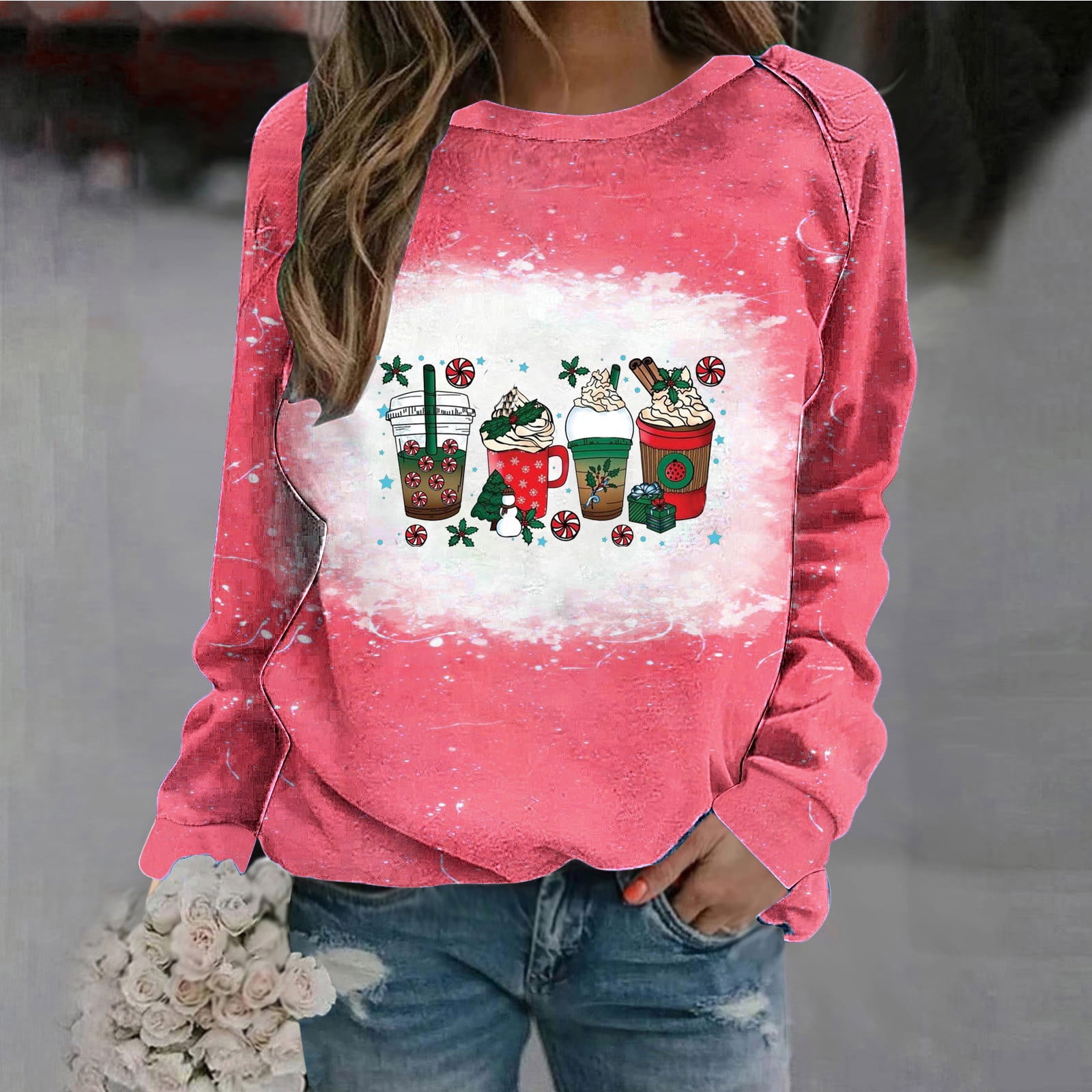 Virmaxy Women's Christmas Vibes Milk Printed Tunic Tops Christmas Long ...