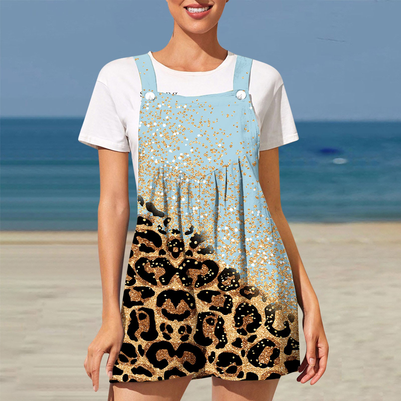 Virmaxy Women's Fashion Overalls Leopard Print Button Short Overalls ...