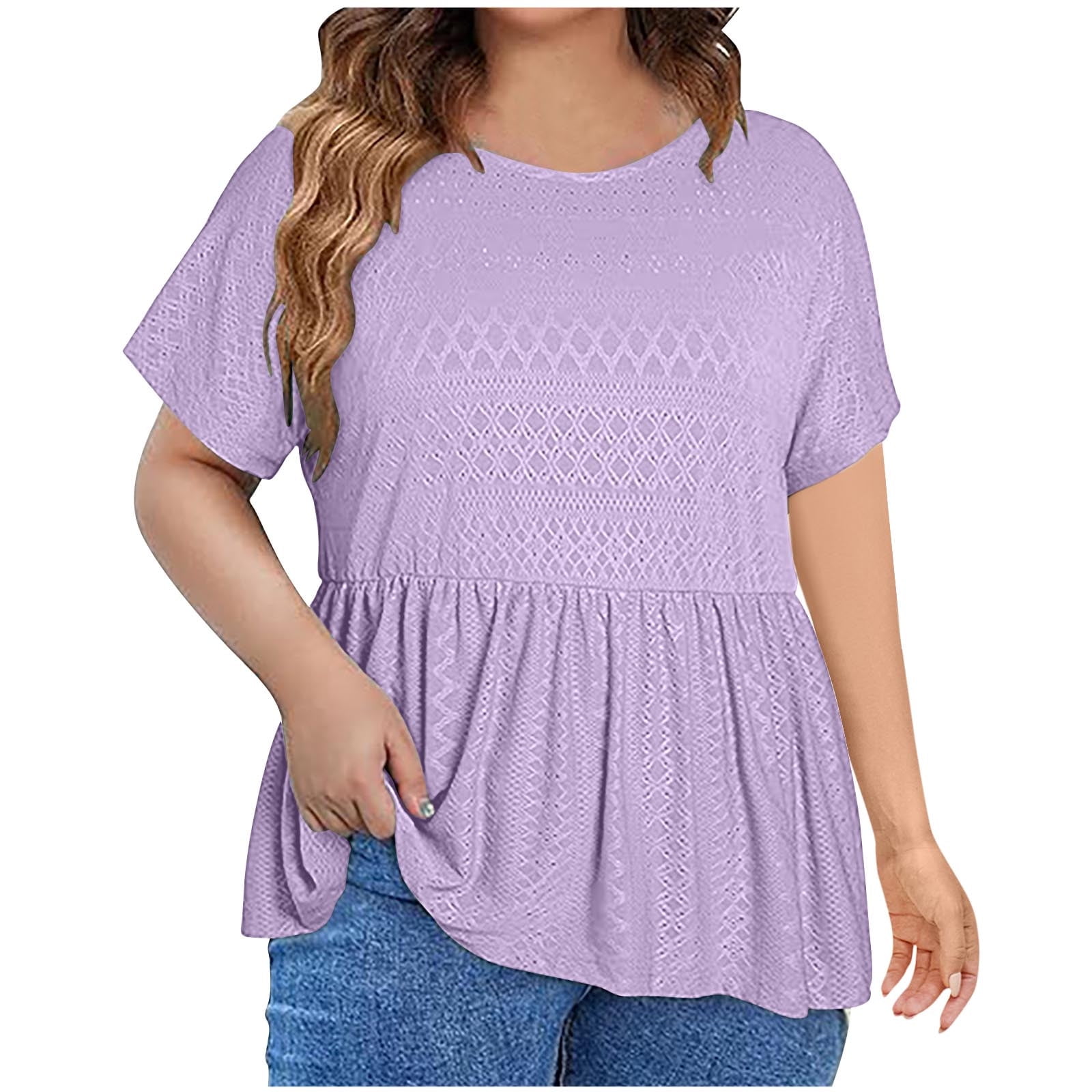 Virmaxy Womens 2024 New Oversized Eyelet Tops Plus Size Tops Round Neck ...
