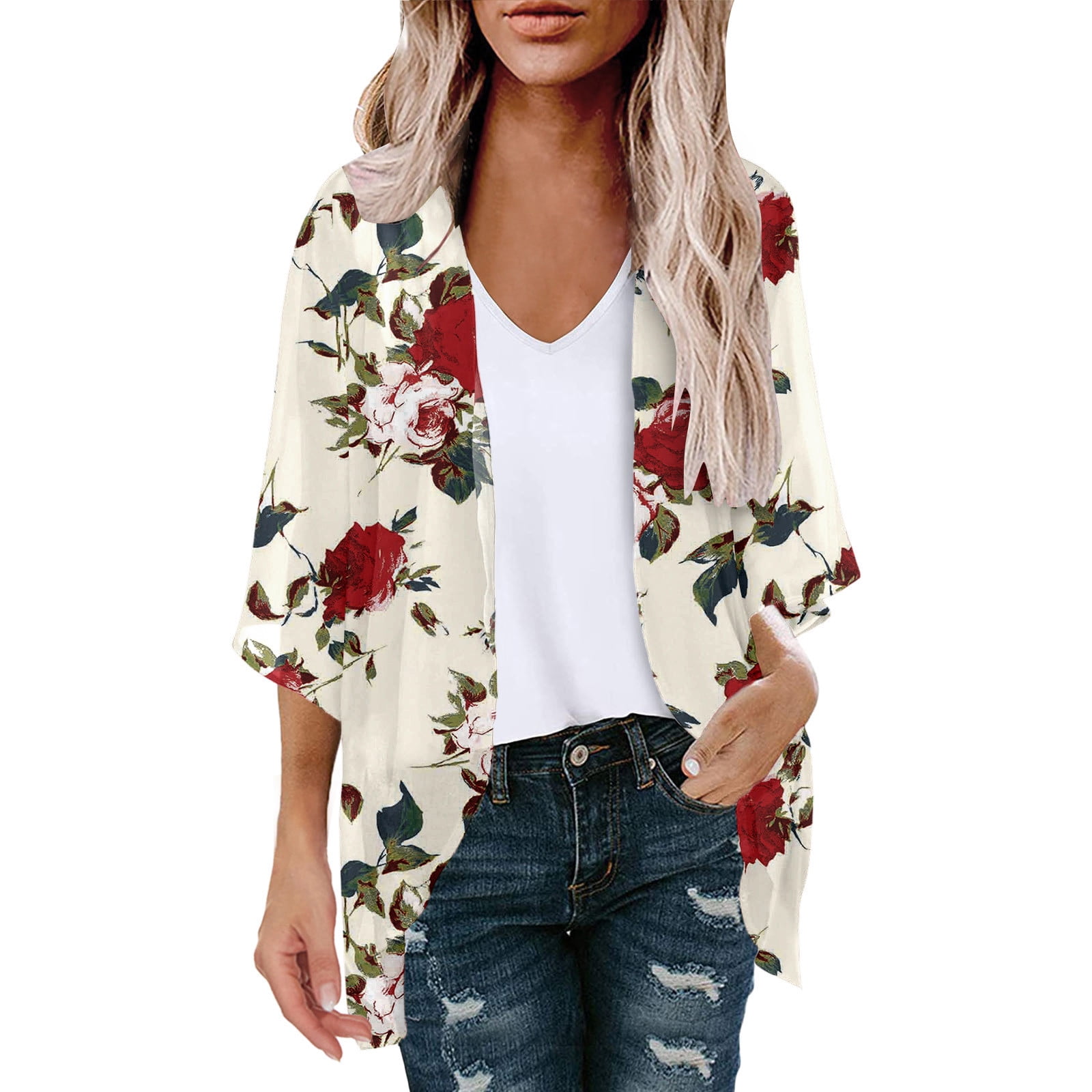 Virmaxy Womens Summer Open Front Kimono Tops Floral Graphic Cardigan ...