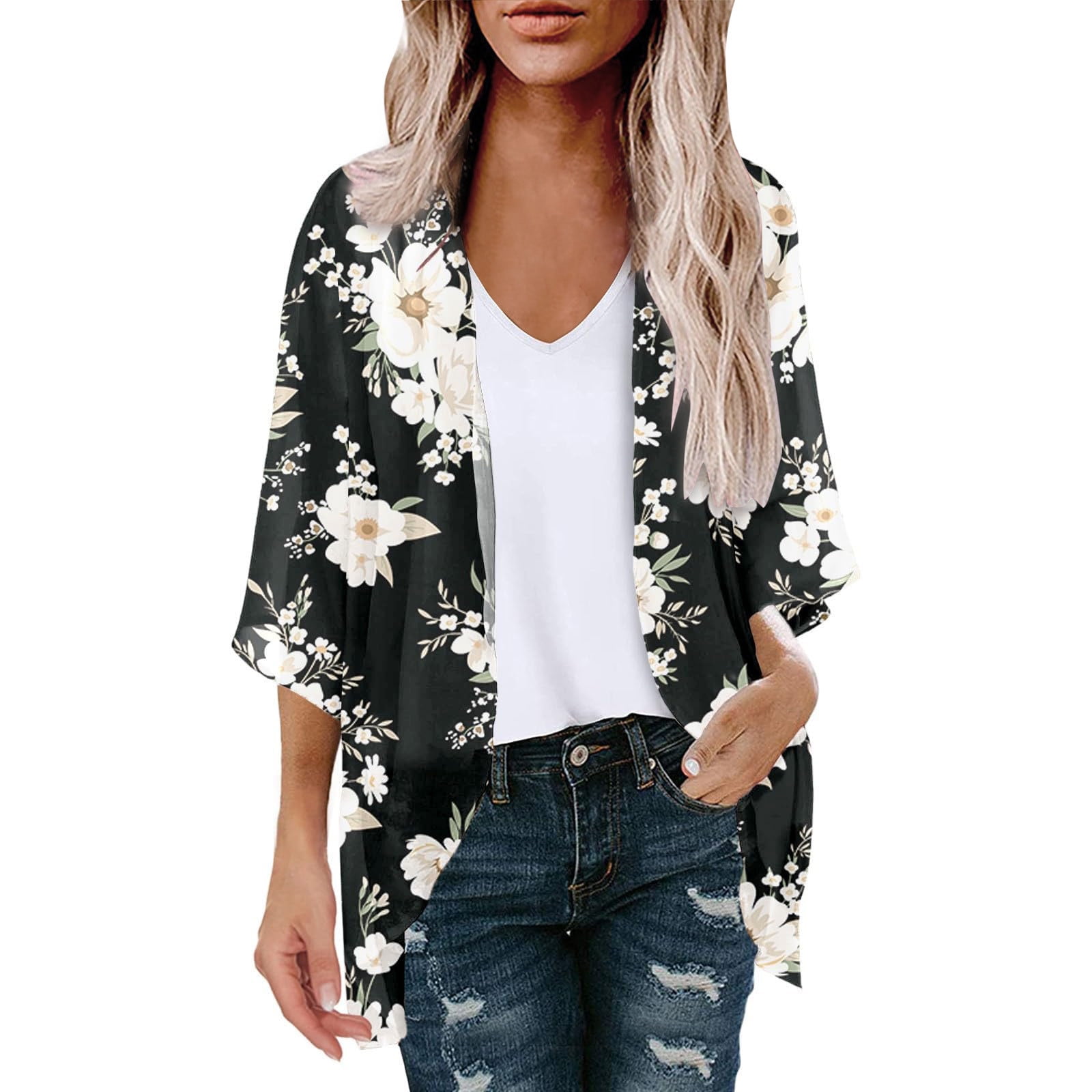 Virmaxy Womens Summer Open Front Kimono Tops Floral Graphic Cardigan ...