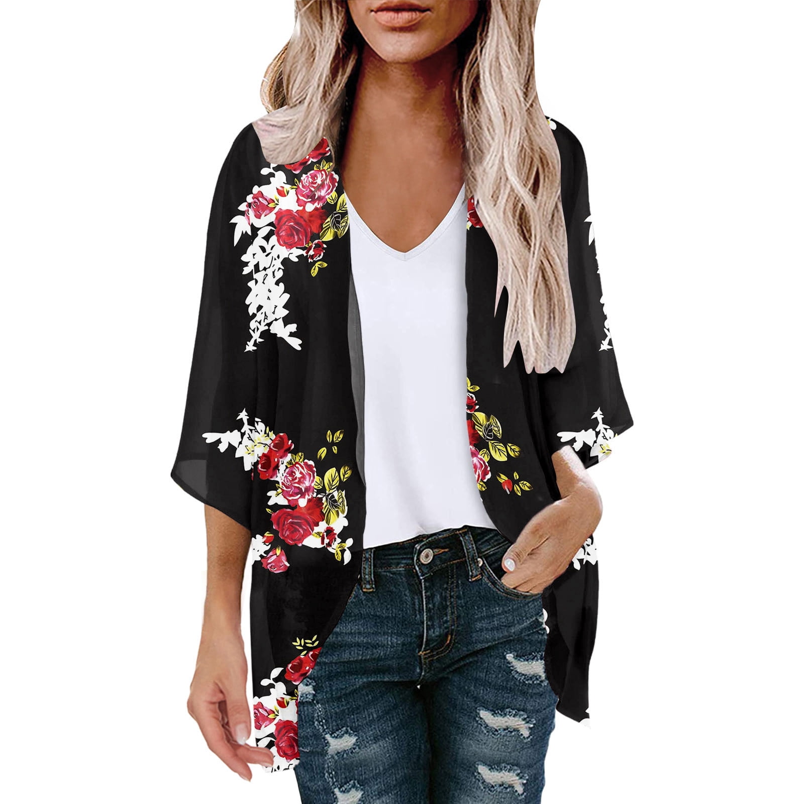 Virmaxy Womens Summer Open Front Kimono Tops Floral Graphic Cardigan ...