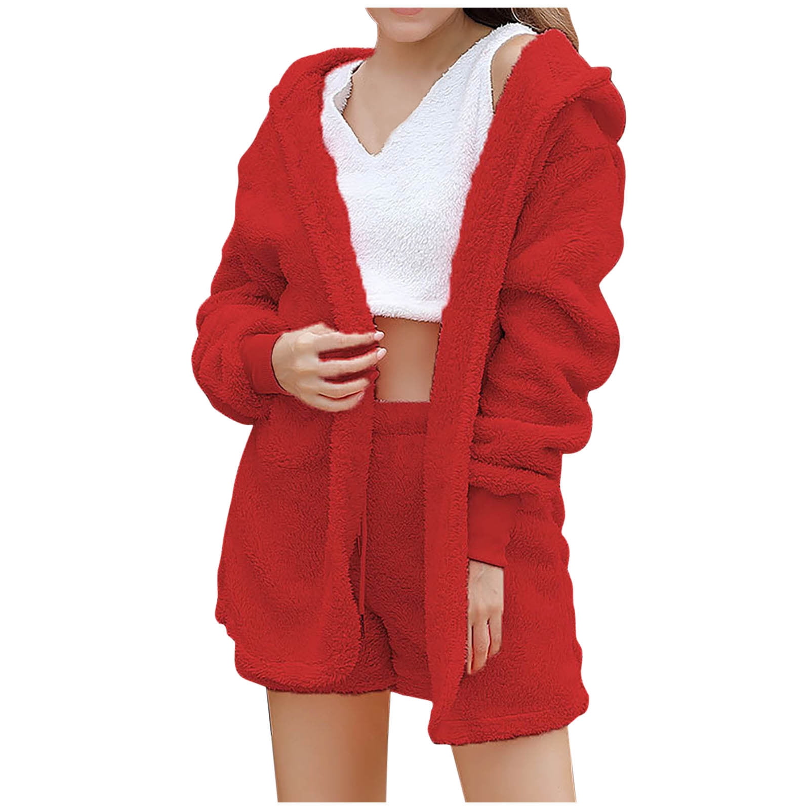 Virmaxy Womens Winter Fuzzy Pajamas Three Piece Set Solid Color Plush ...